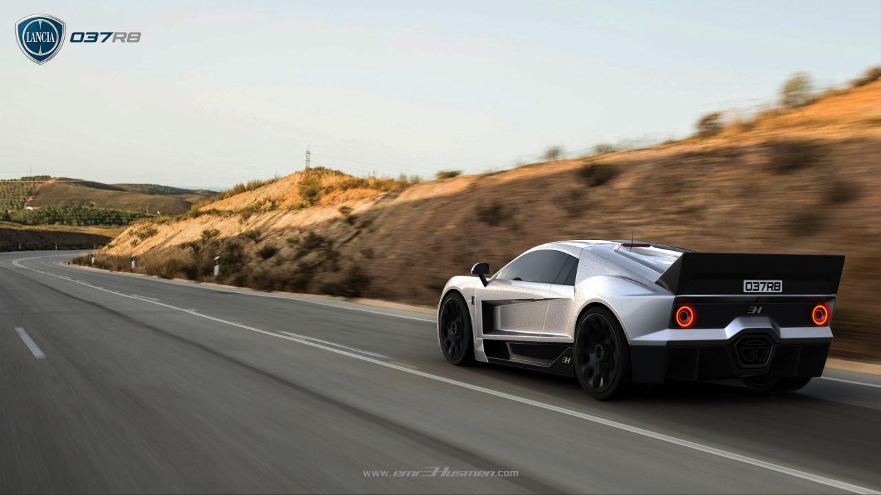 Il rendering della Lancia Rally 037 con contenuti attuali